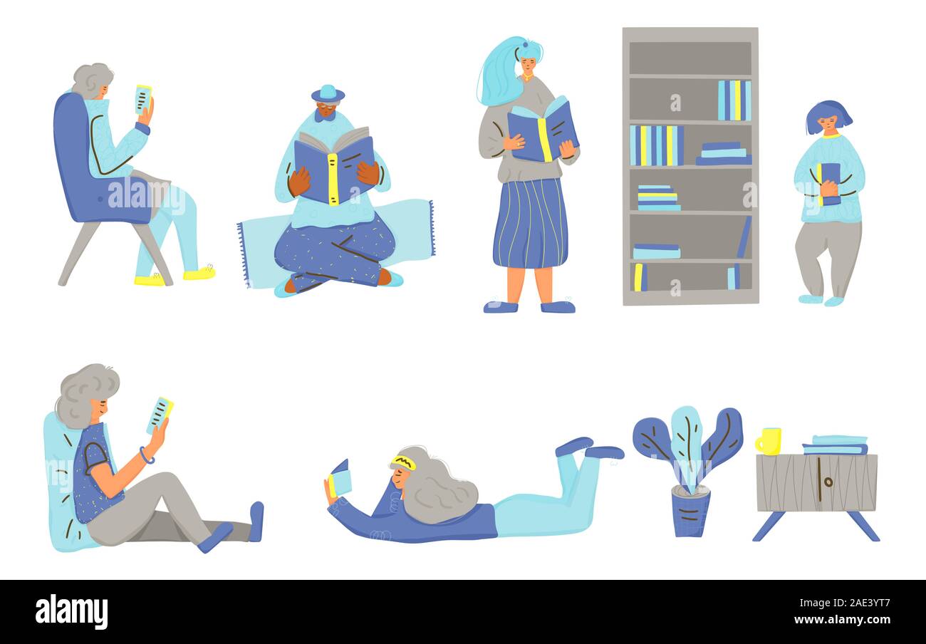 Set of people reading a books isolated on white background. Collection ...