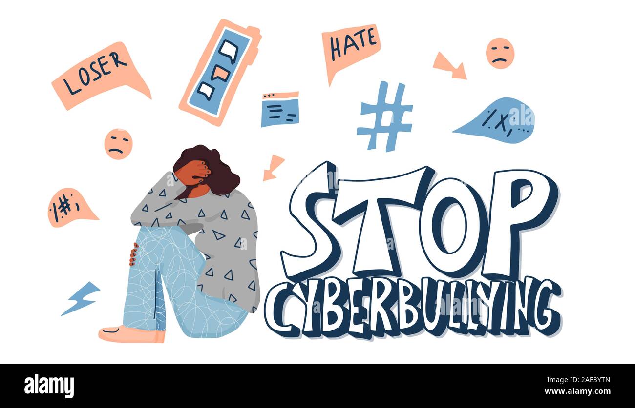 Stop cyberbullying emblem. Hand drawn text with unhappy teenager girl ...