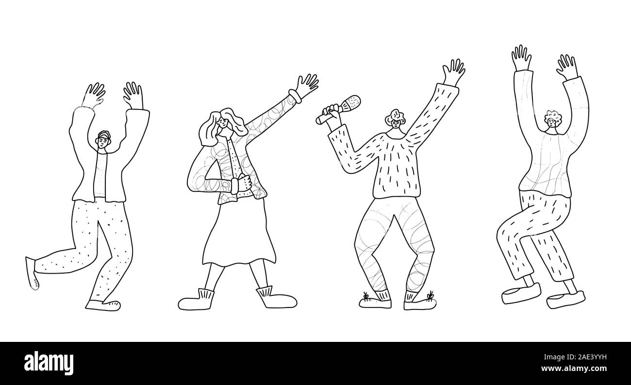 Group of colleagues in doodle style dancing and singing isolated on ...