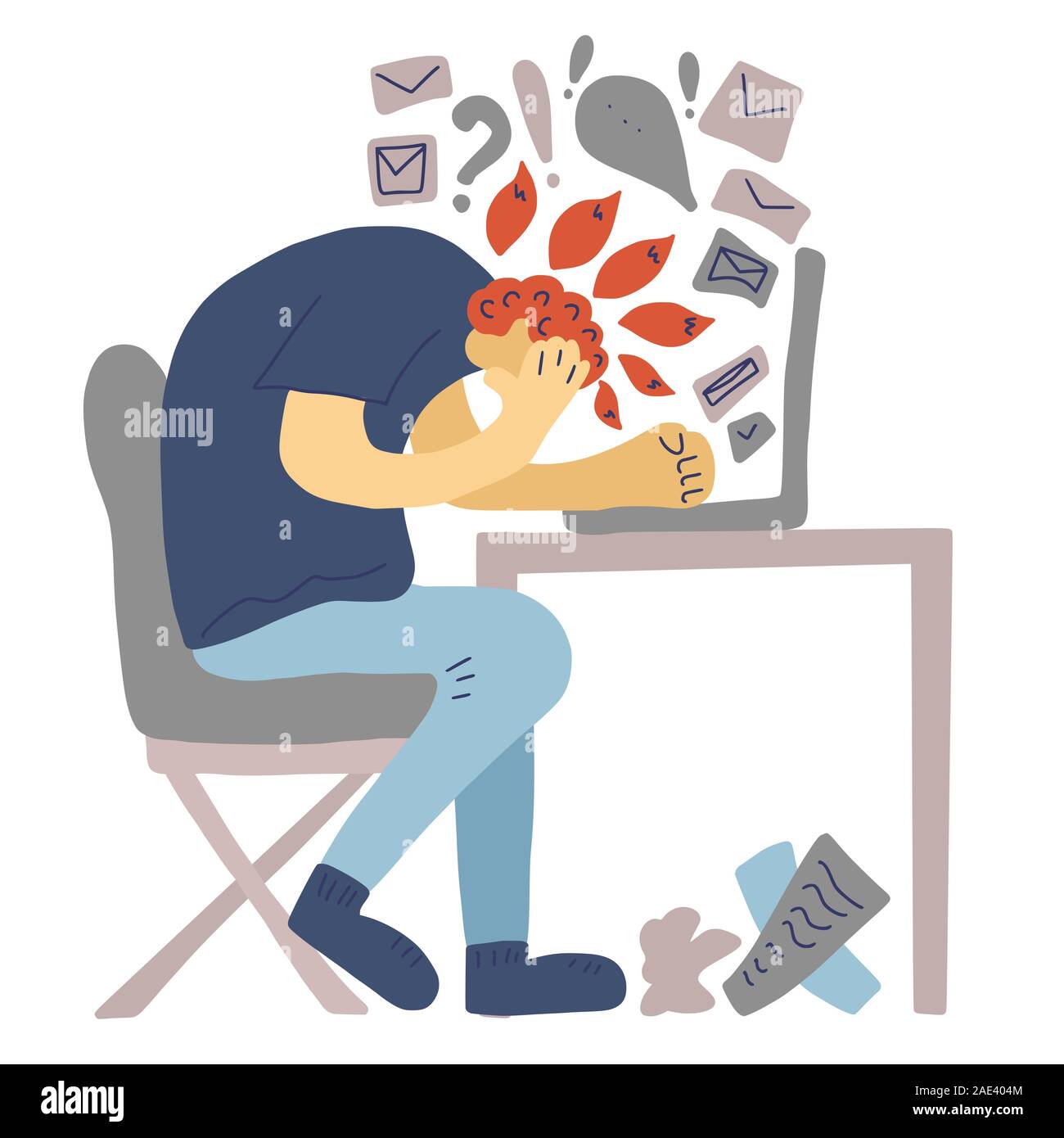 Burnout syndrome concept. Male character sitting at the office with a ...