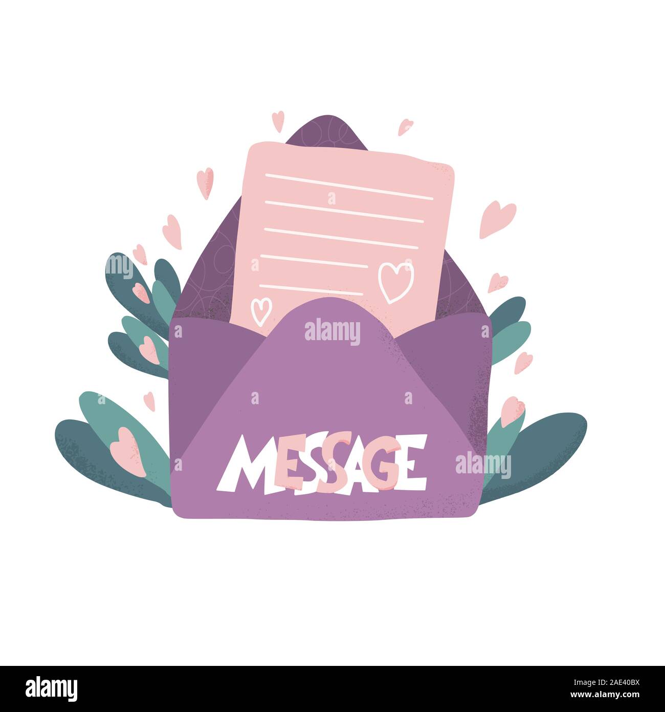 Message concept. Open mail envelop with flower and hearts decoration ...