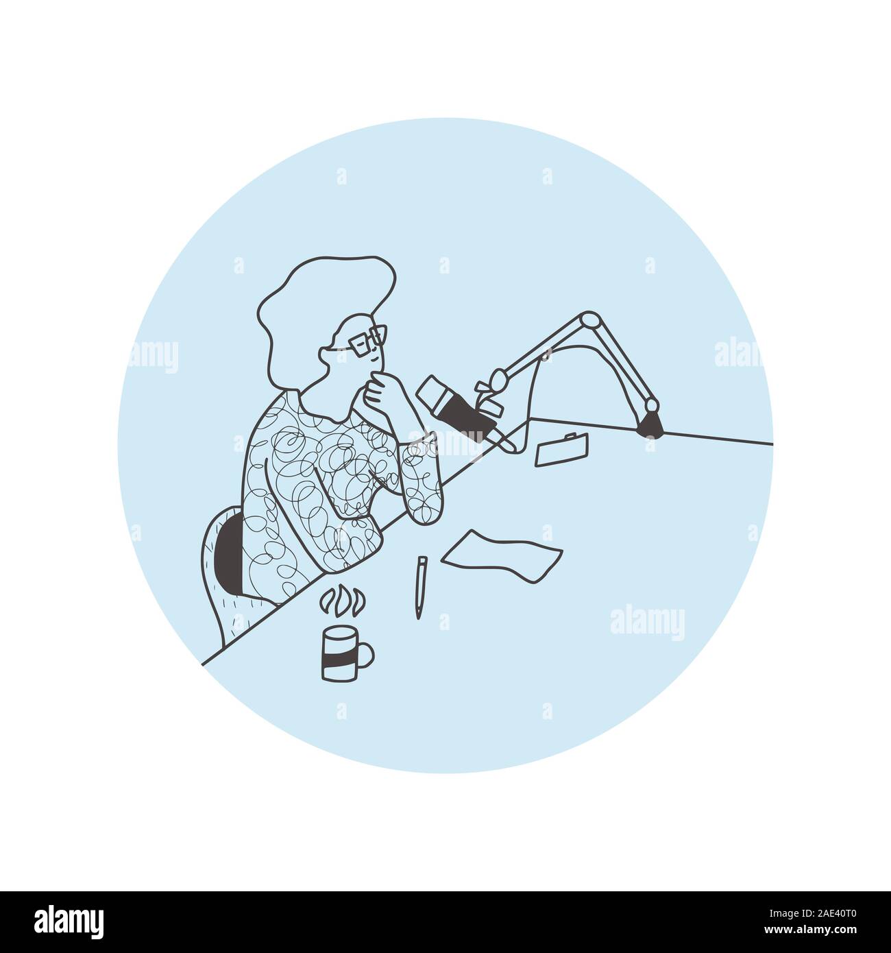 Podcasting logo. Round badge with woman recording a podcast. Circle ...