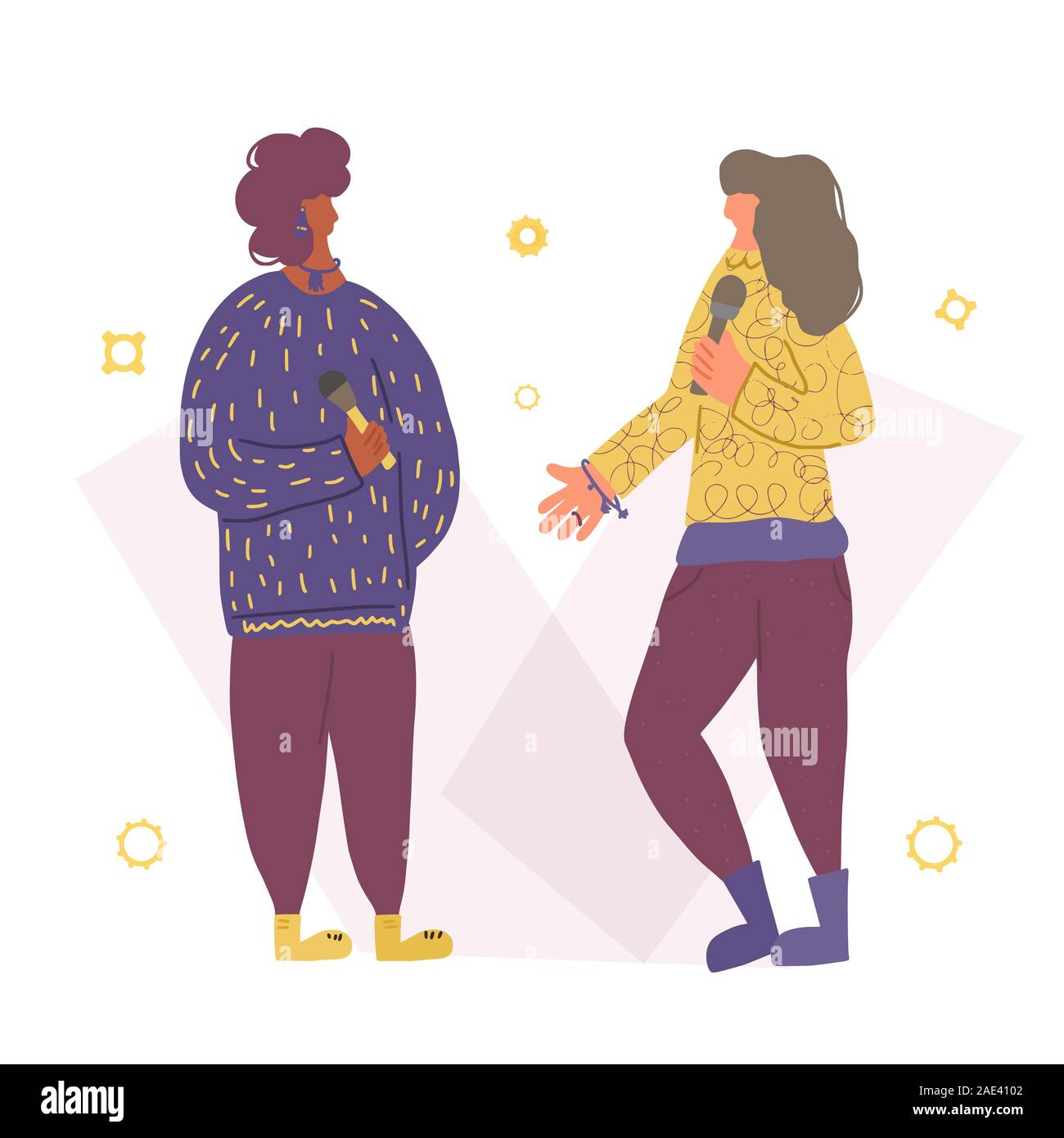 Speakers characters. Two pretty various women standing with microphone ...