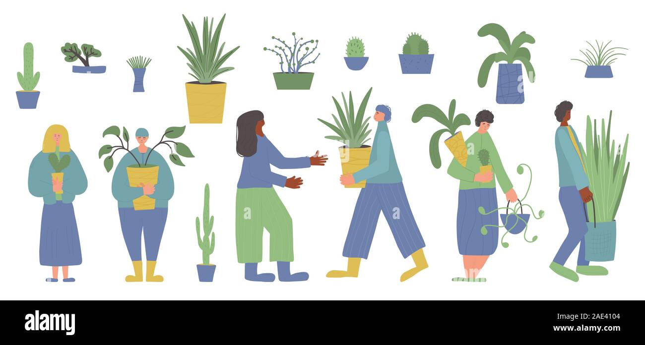 Indoor plants lovers set. Different human characters surrounded by ...