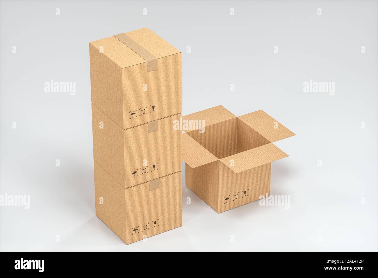 The cartons are stacked against a white background, 3d rendering ...