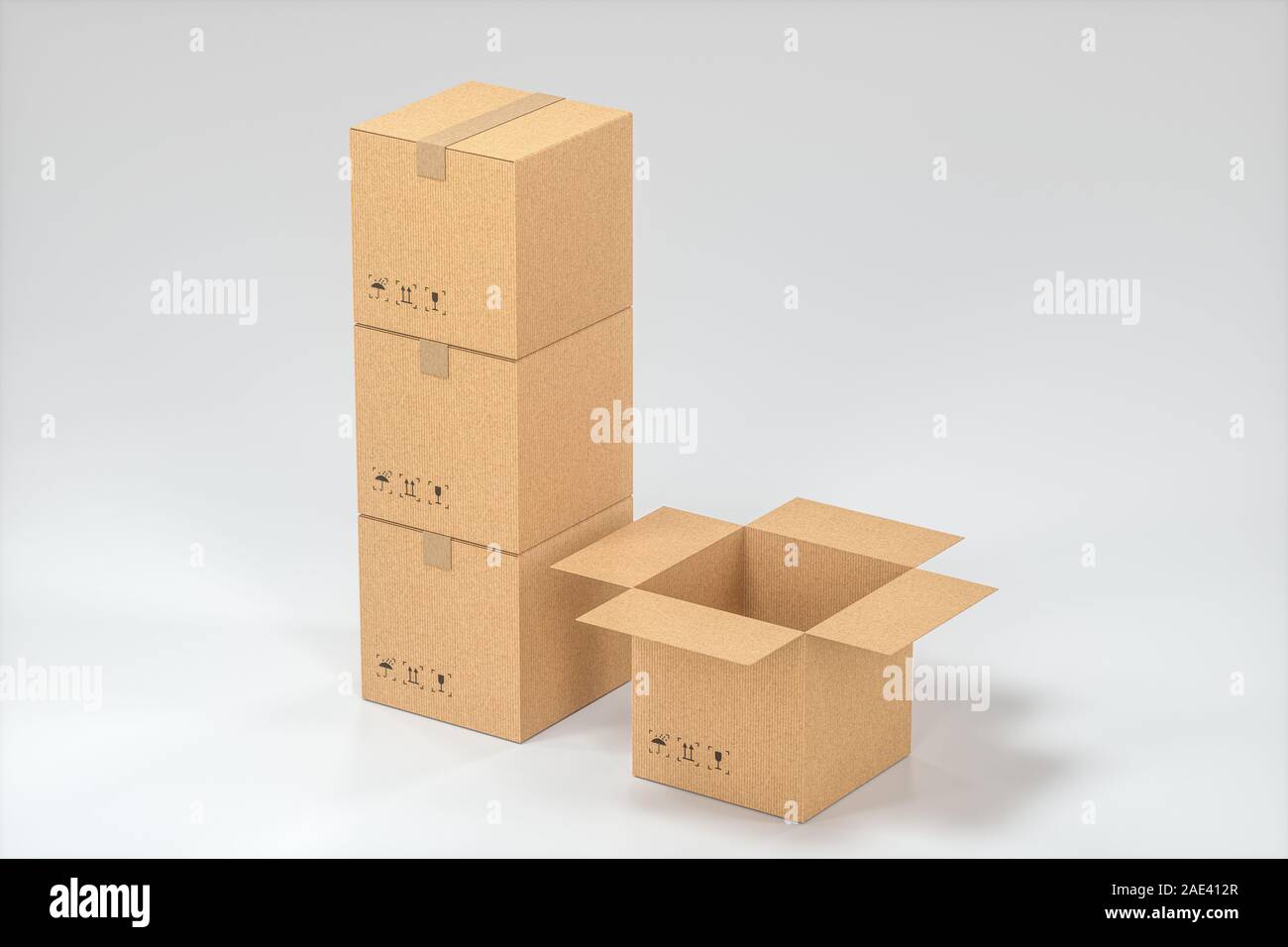 The cartons are stacked against a white background, 3d rendering ...