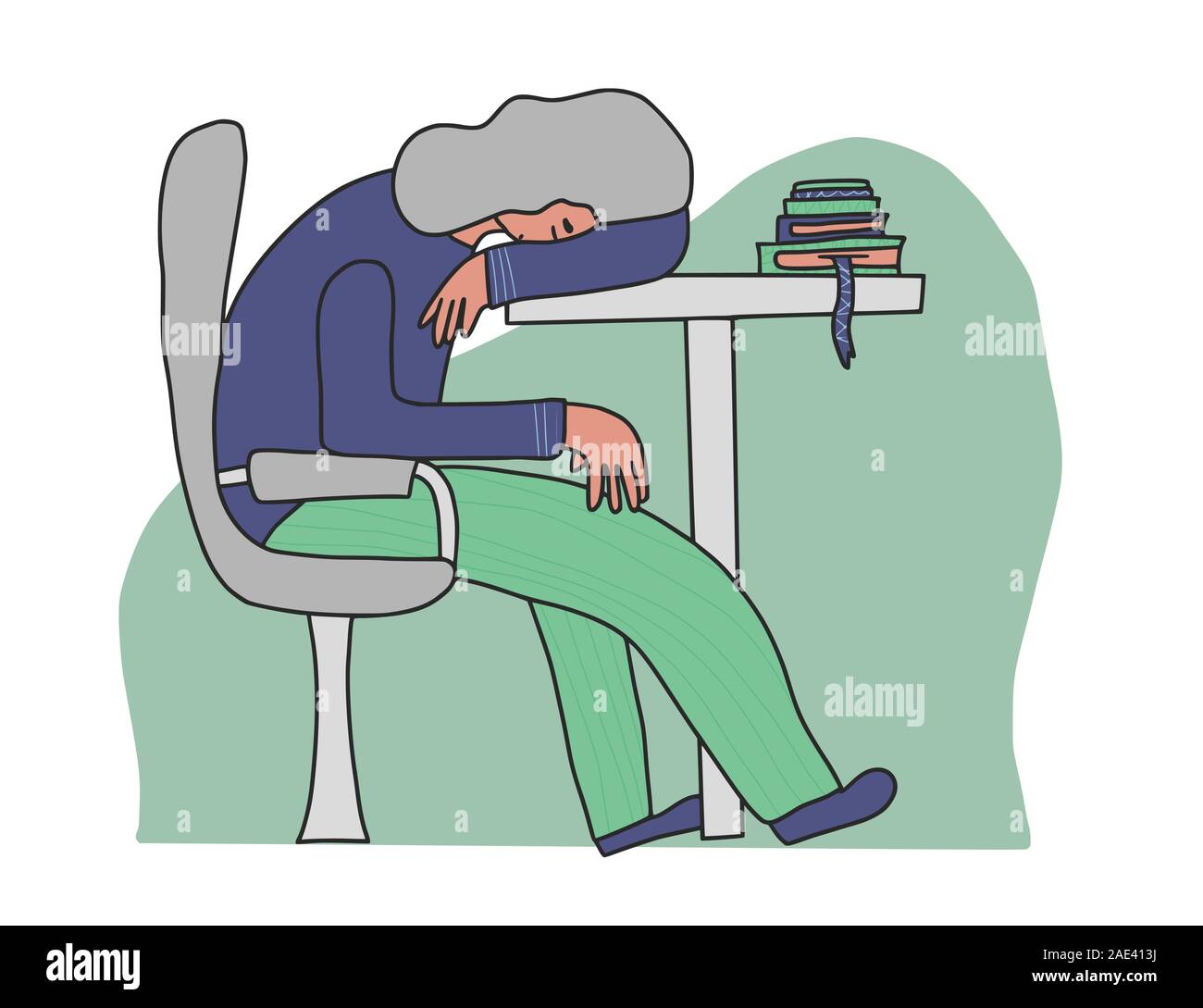 Tired woman getting wink of sleep. Person sitting at the table and ...