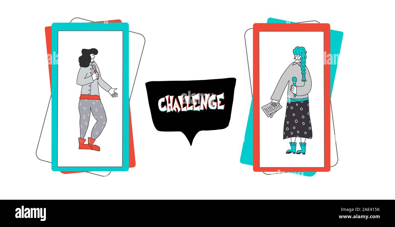 Challenge concept. Social media flashmob. Cute young women in phone ...