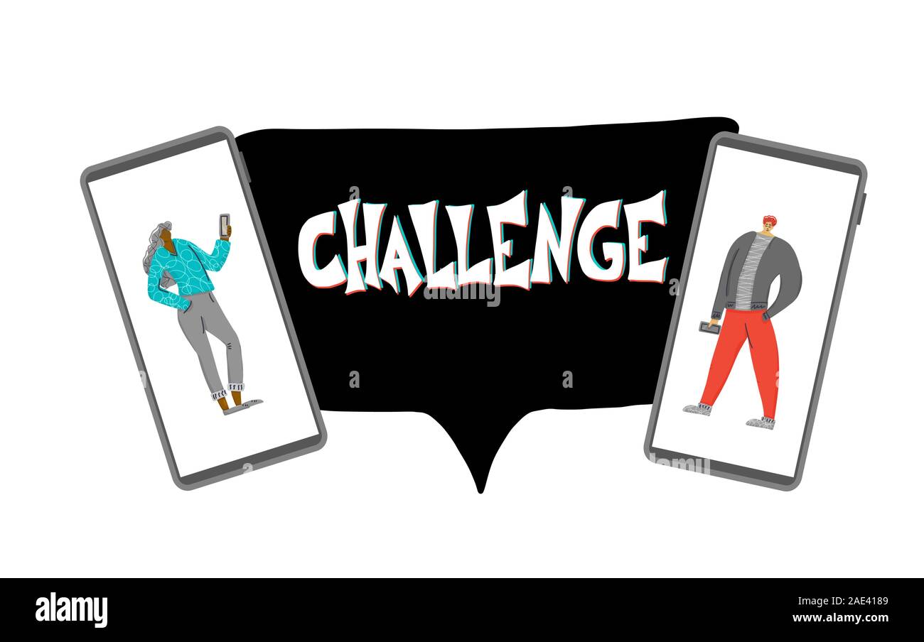 Challenge concept. Social media contest. Cute man and woman in phone ...