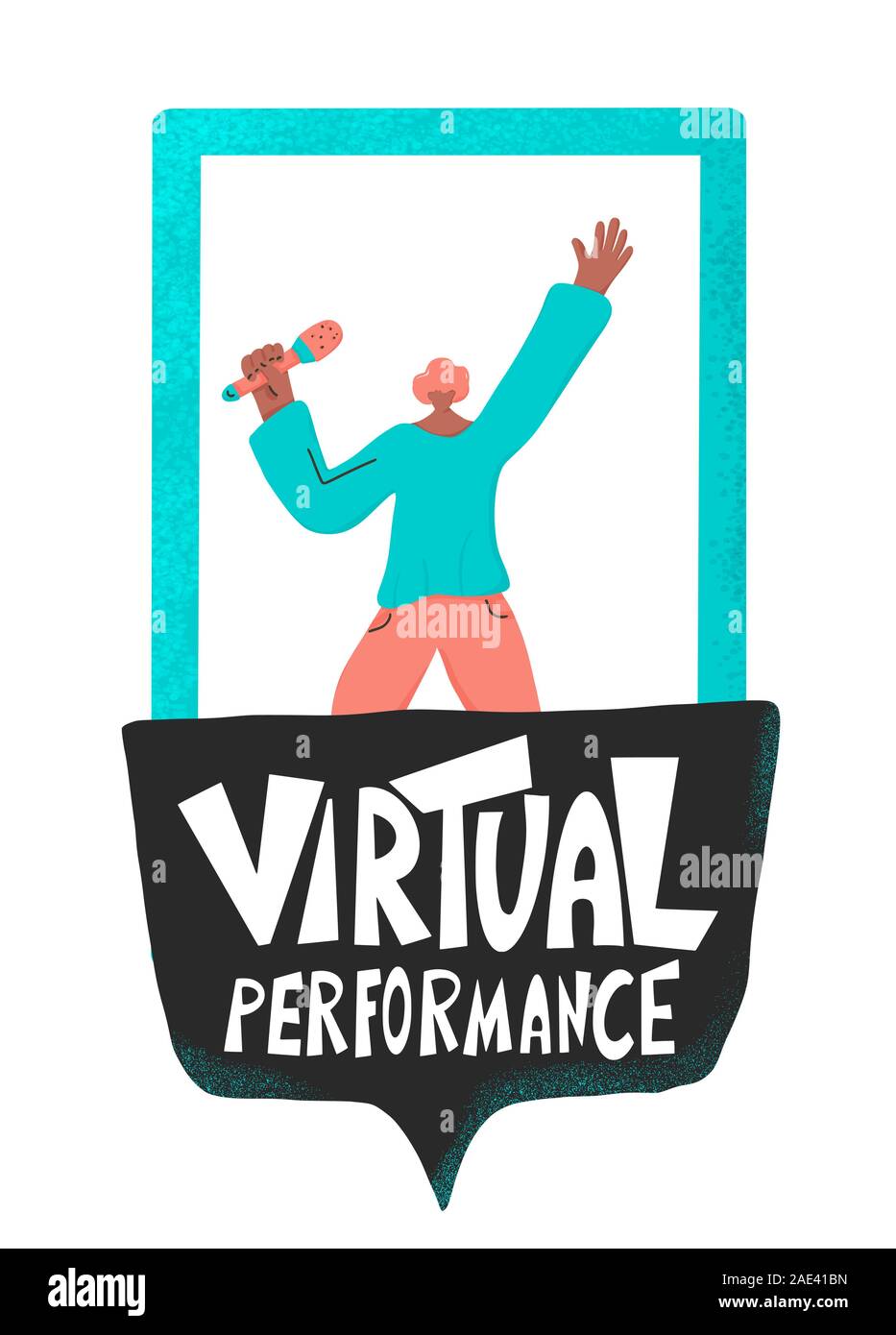 Virtual performance concept. Stylized hand drawn text with young singer ...