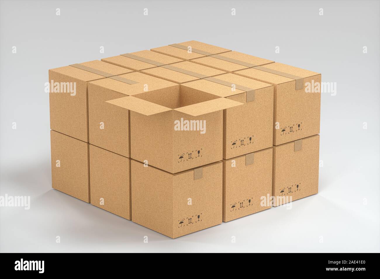 The cartons are stacked against a white background, 3d rendering ...