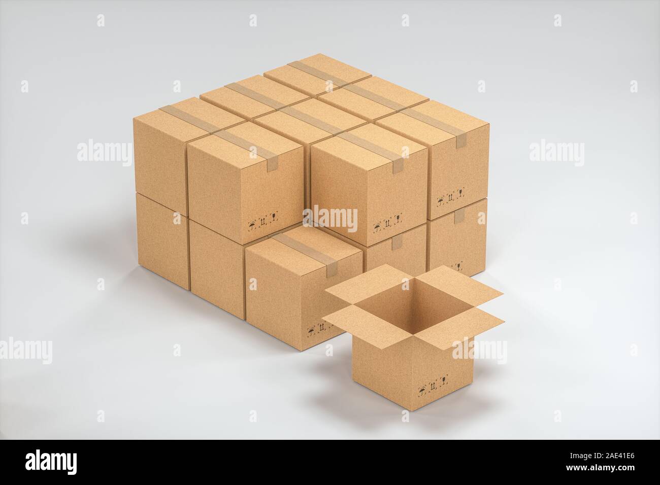 The cartons are stacked against a white background, 3d rendering ...