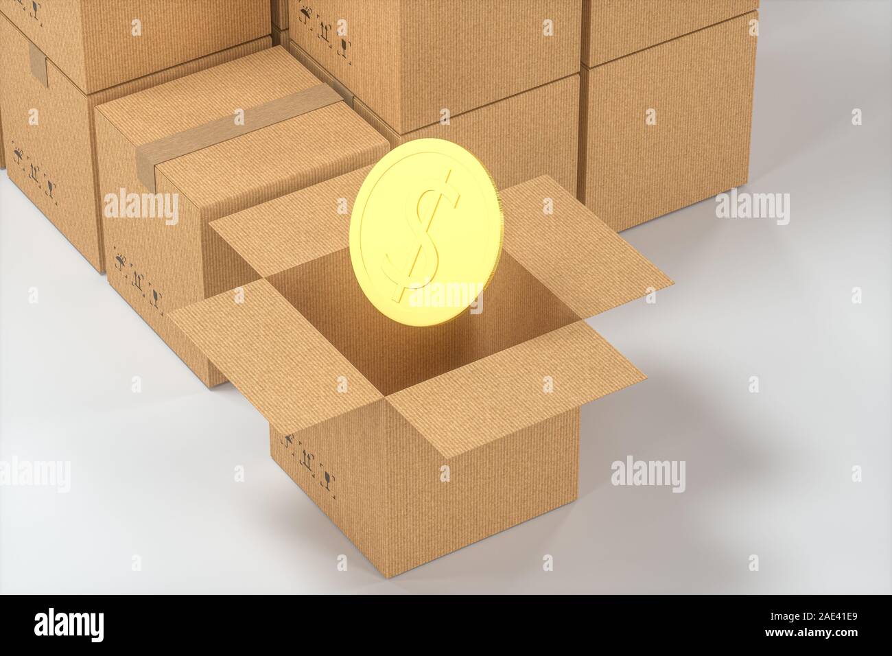The cartons and COINS are on a white background, 3d rendering. Computer ...