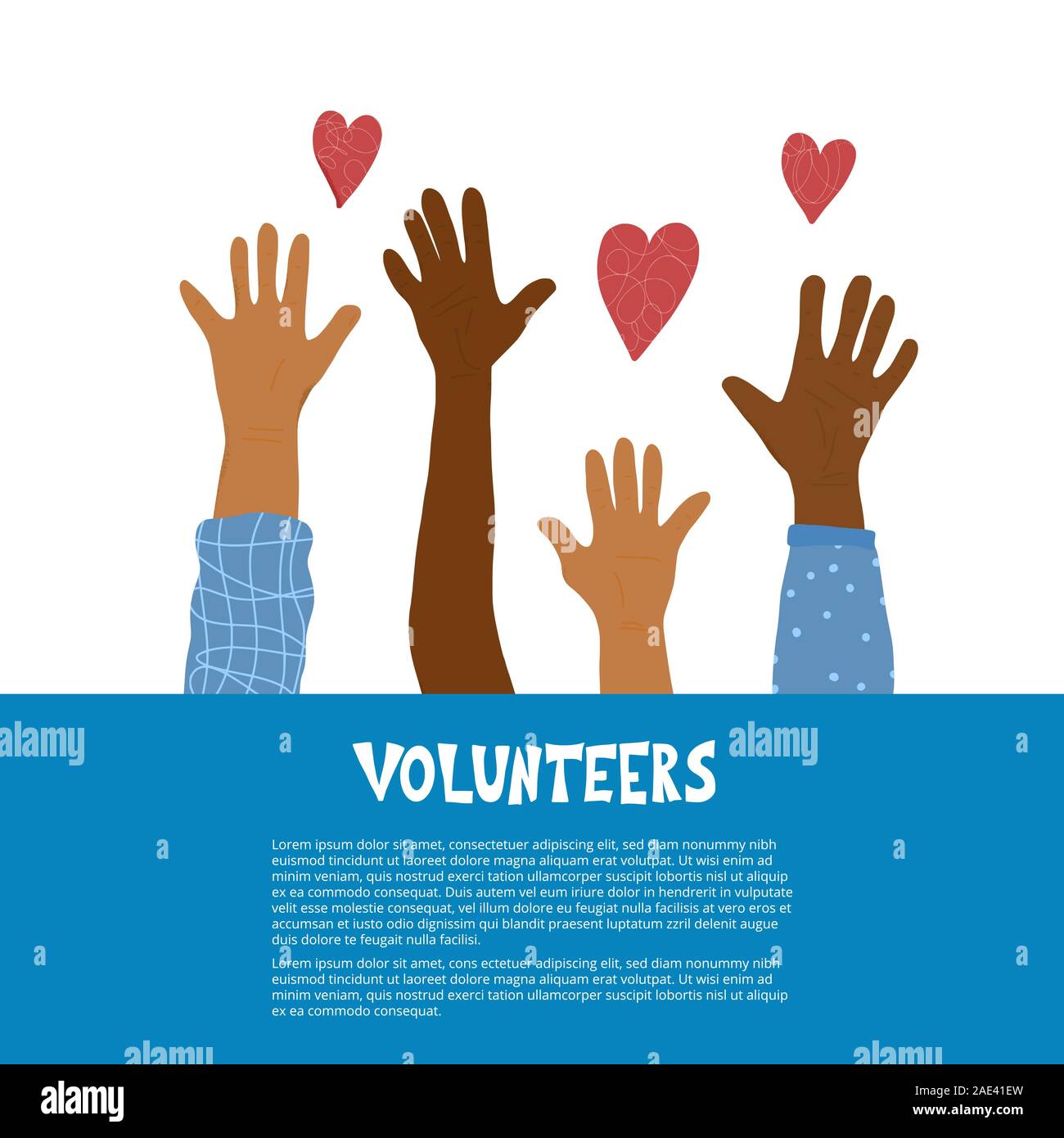Volunteers arms card template. Different humans hands. Vector ...