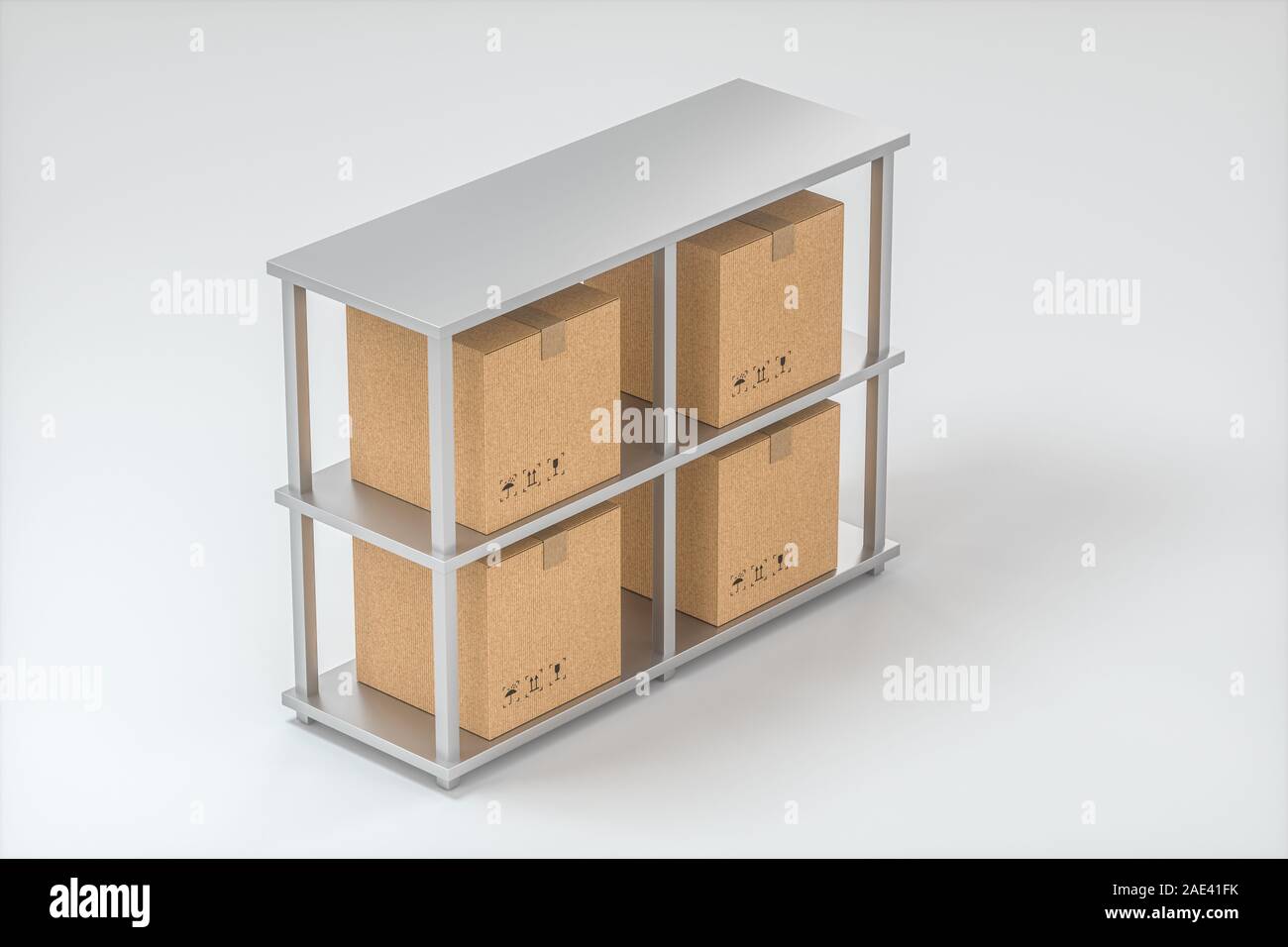 The cartons are put on neatly arranged shelves, 3d rendering. Computer ...
