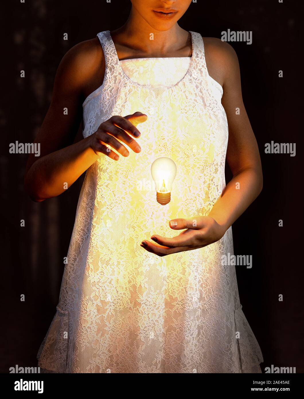 Surreal image of a young beautiful woman levitating a burning glowing ...
