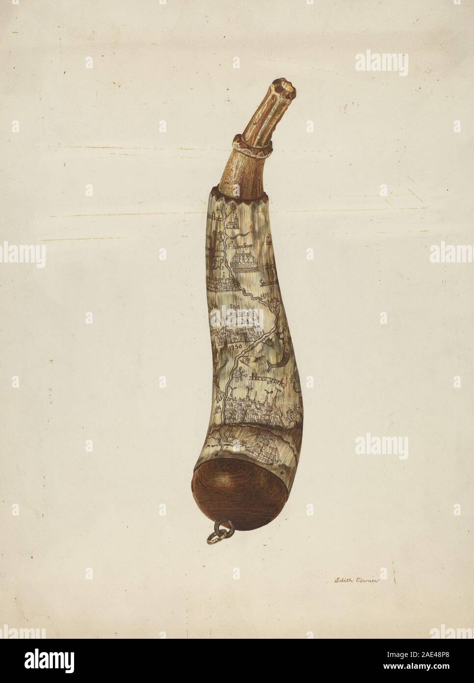 A powder horn made circa 1940 by Edith Towner, featuring carved animal ...