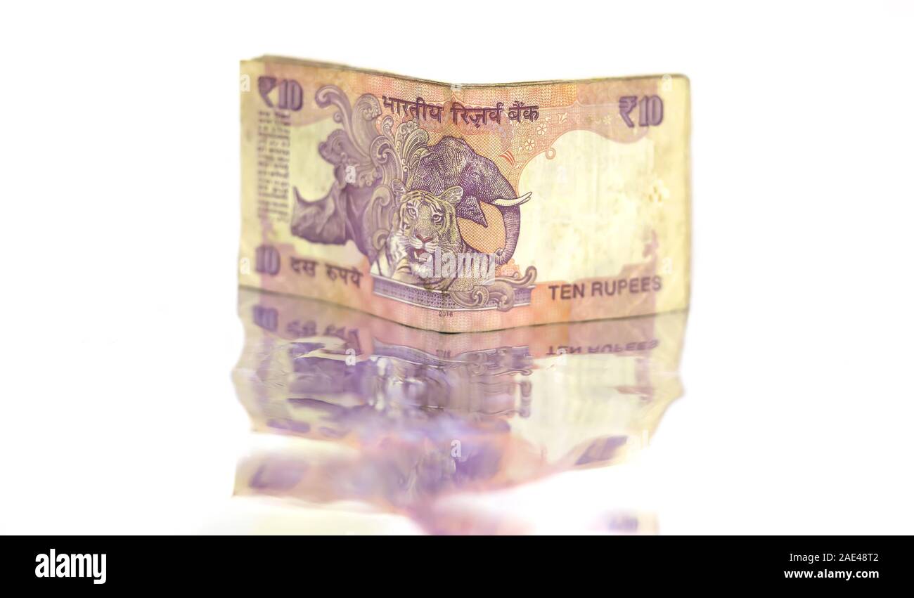 Ten rupee old note (Indian Currency) back side isolated on a white ...