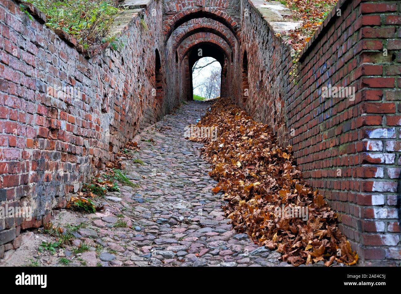 secret old pebbled footpath leading through brick walls to the castle ...