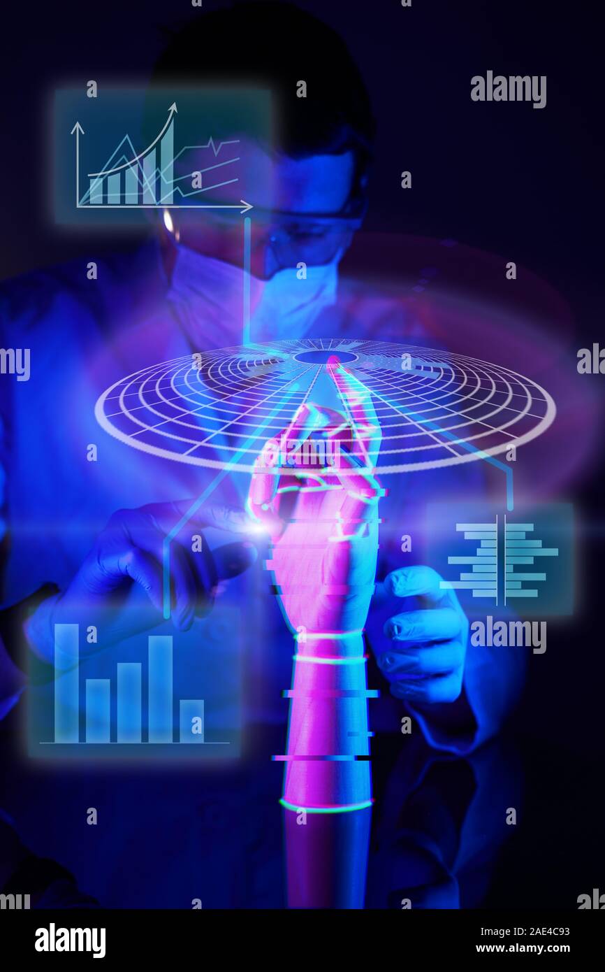 Engineer creates a robotic arm. Augmented Reality with graphics and ...