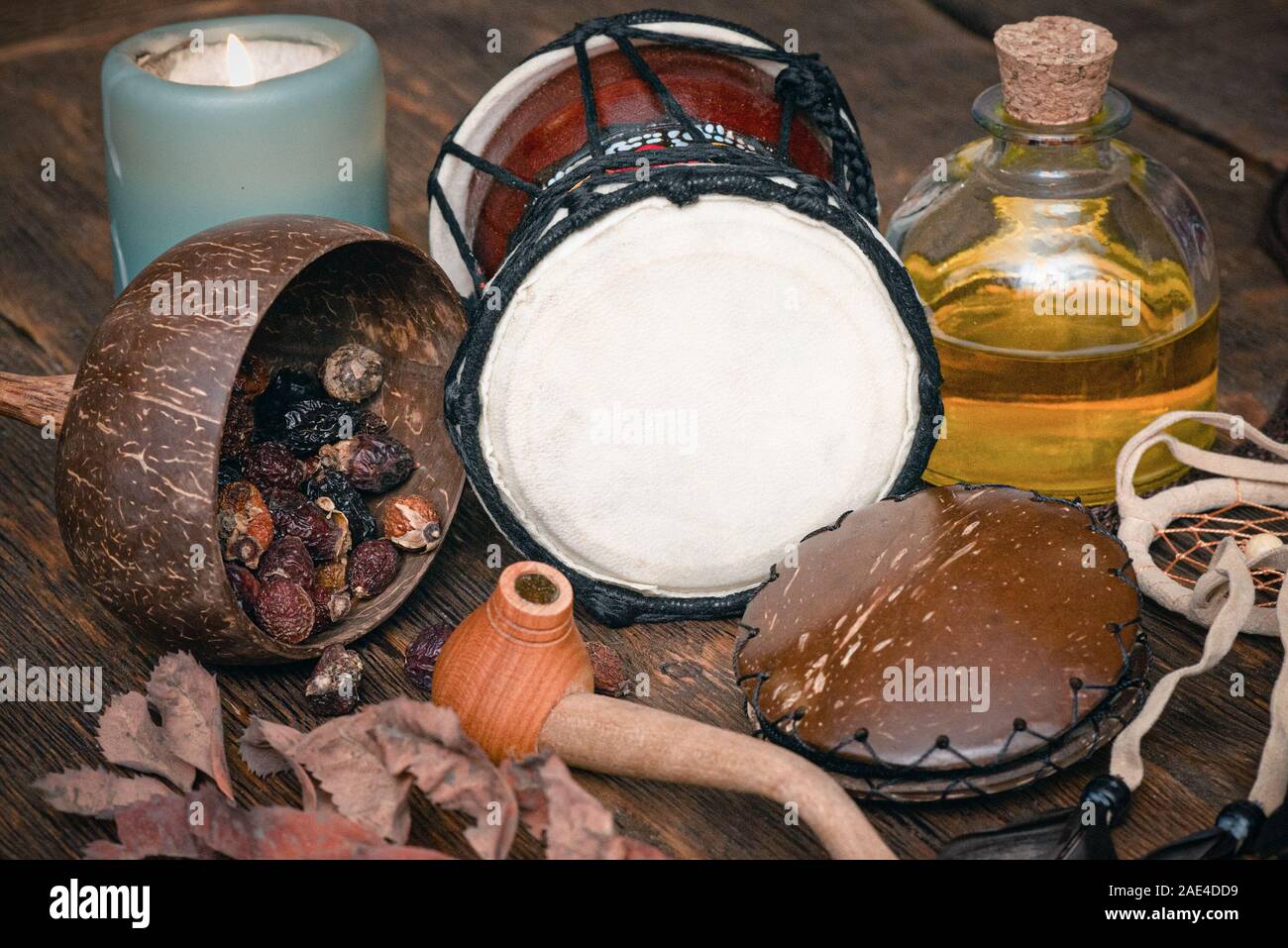 Witch doctor or shaman table background Stock Photo - Alamy