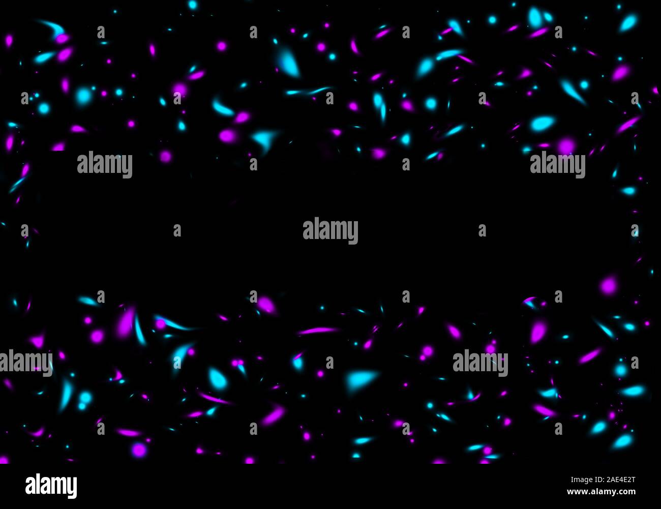 Neon cyan and purple splashes on black background. Template with a ...