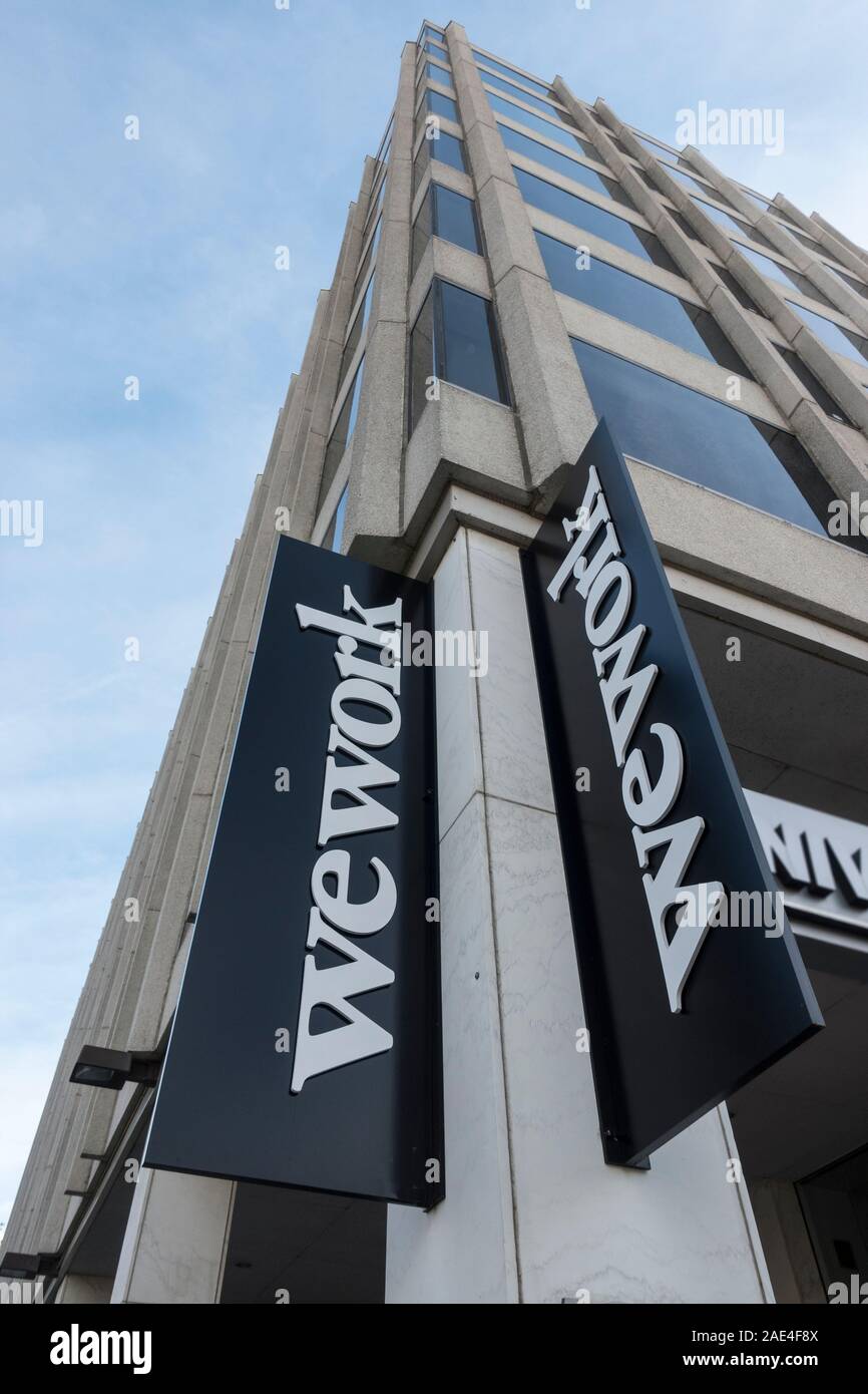 WeWork office sign outside one of WeWork office buildings in Washington ...