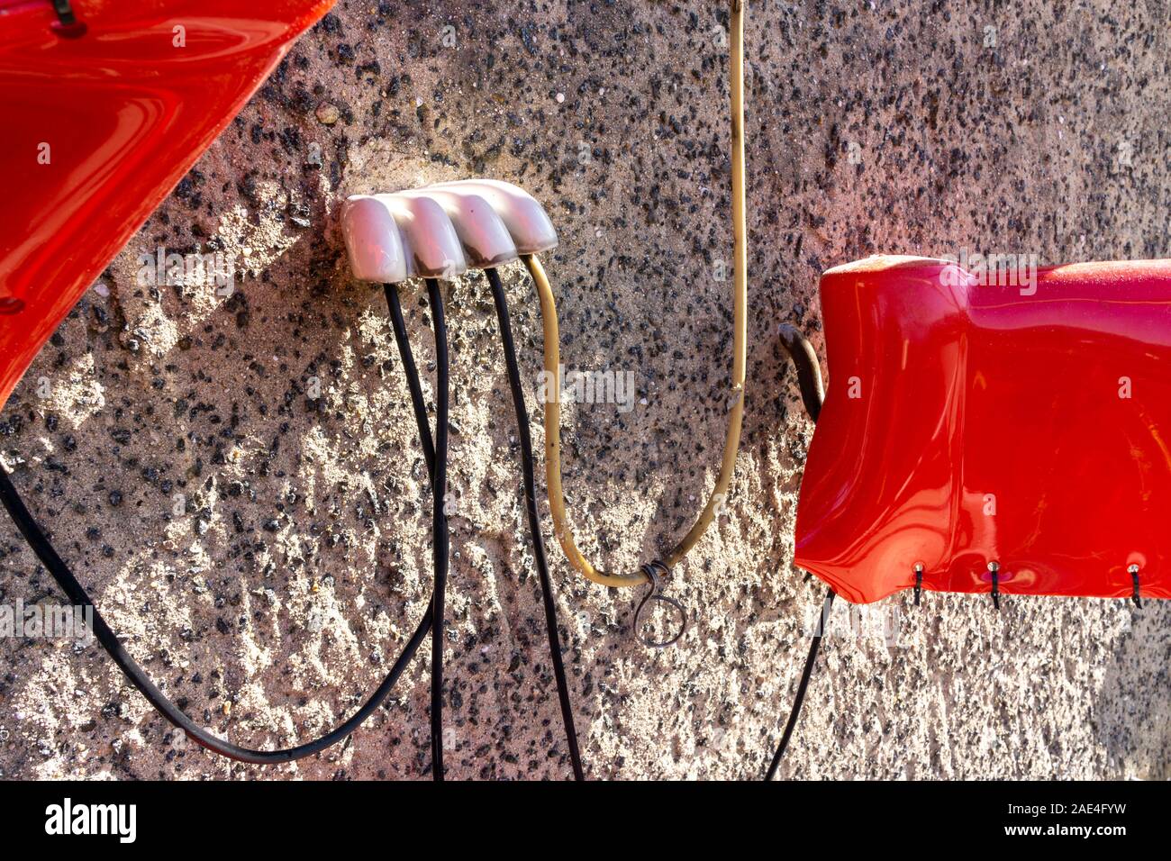 Construction site with scaffolding, close-up of the electrical house ...