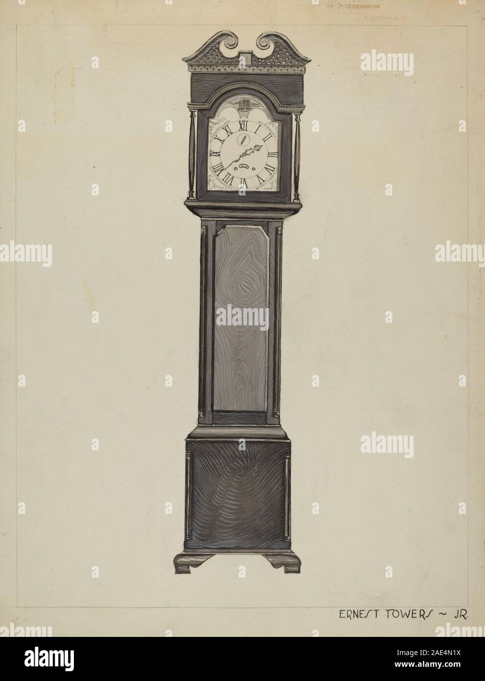 A tall wooden grandfather clock created around 1936 by Ernest A Towers ...