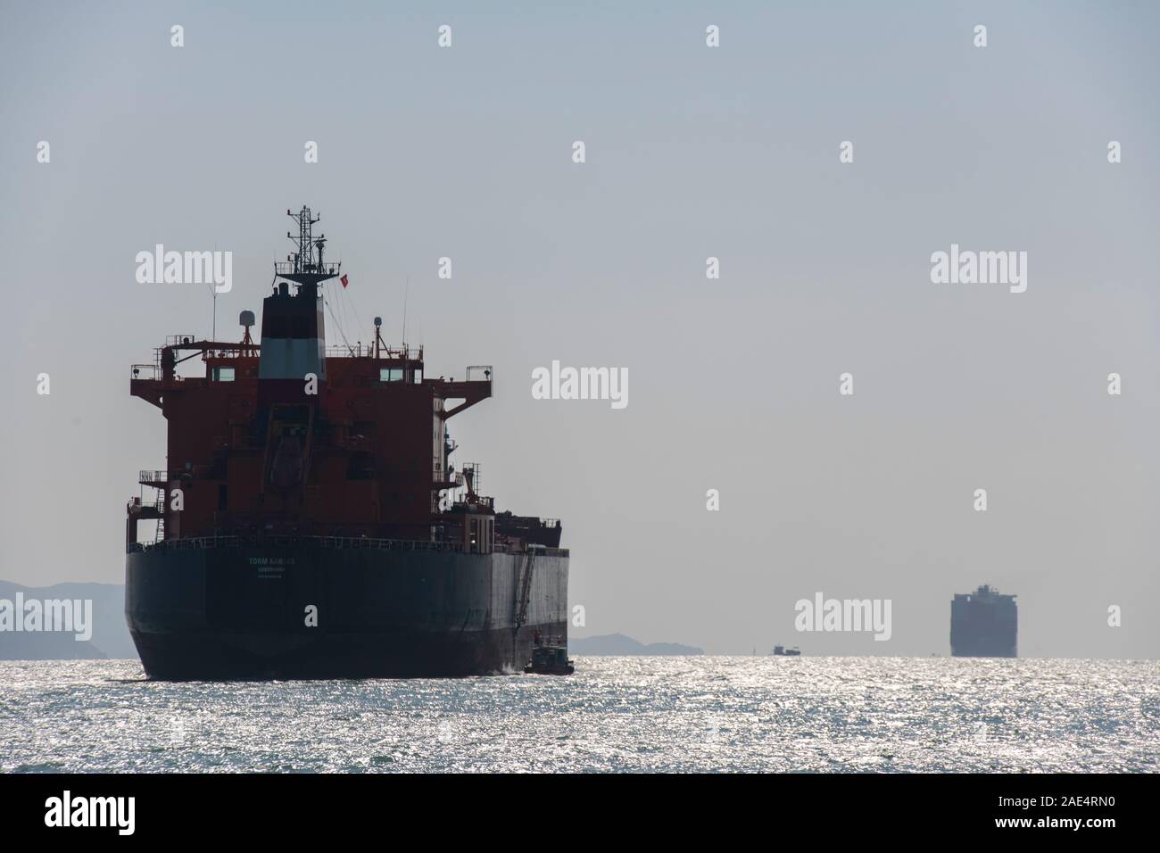 A huge, industrial ship in the shipping lanes outside Aberdeen Harbour ...