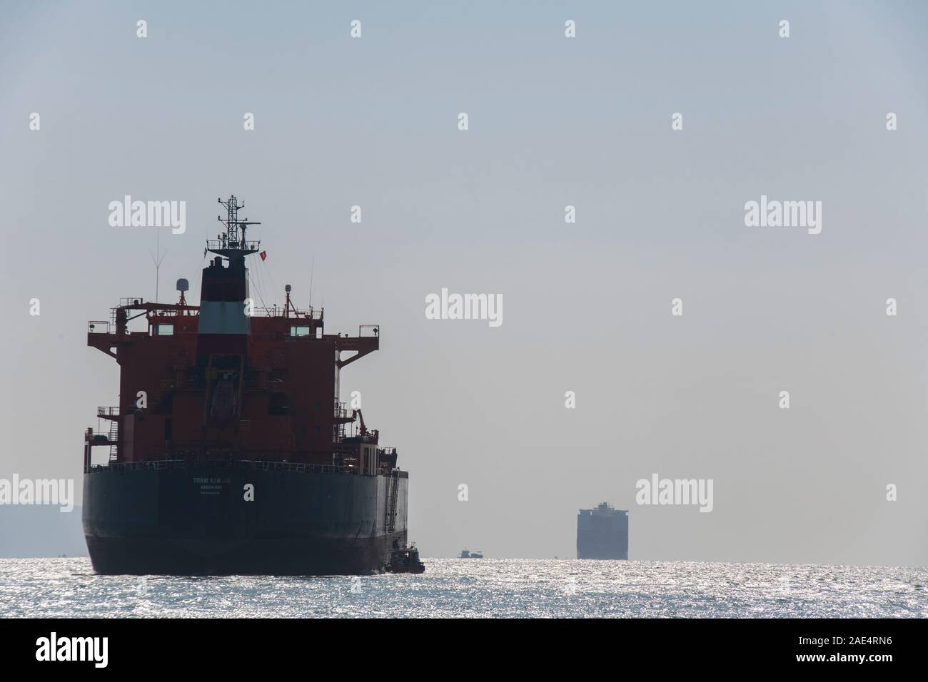 A huge, industrial ship in the shipping lanes outside Aberdeen Harbour ...