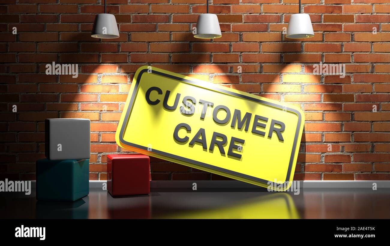 CUSTOMER CARE yellow sign at red bricks wall - 3D rendering ...