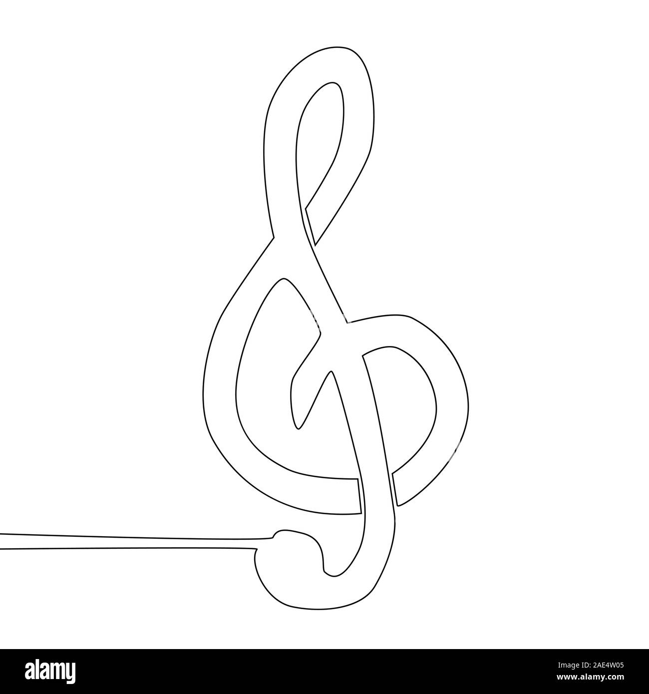 A treble clef is drawn by a single black line on a white background ...