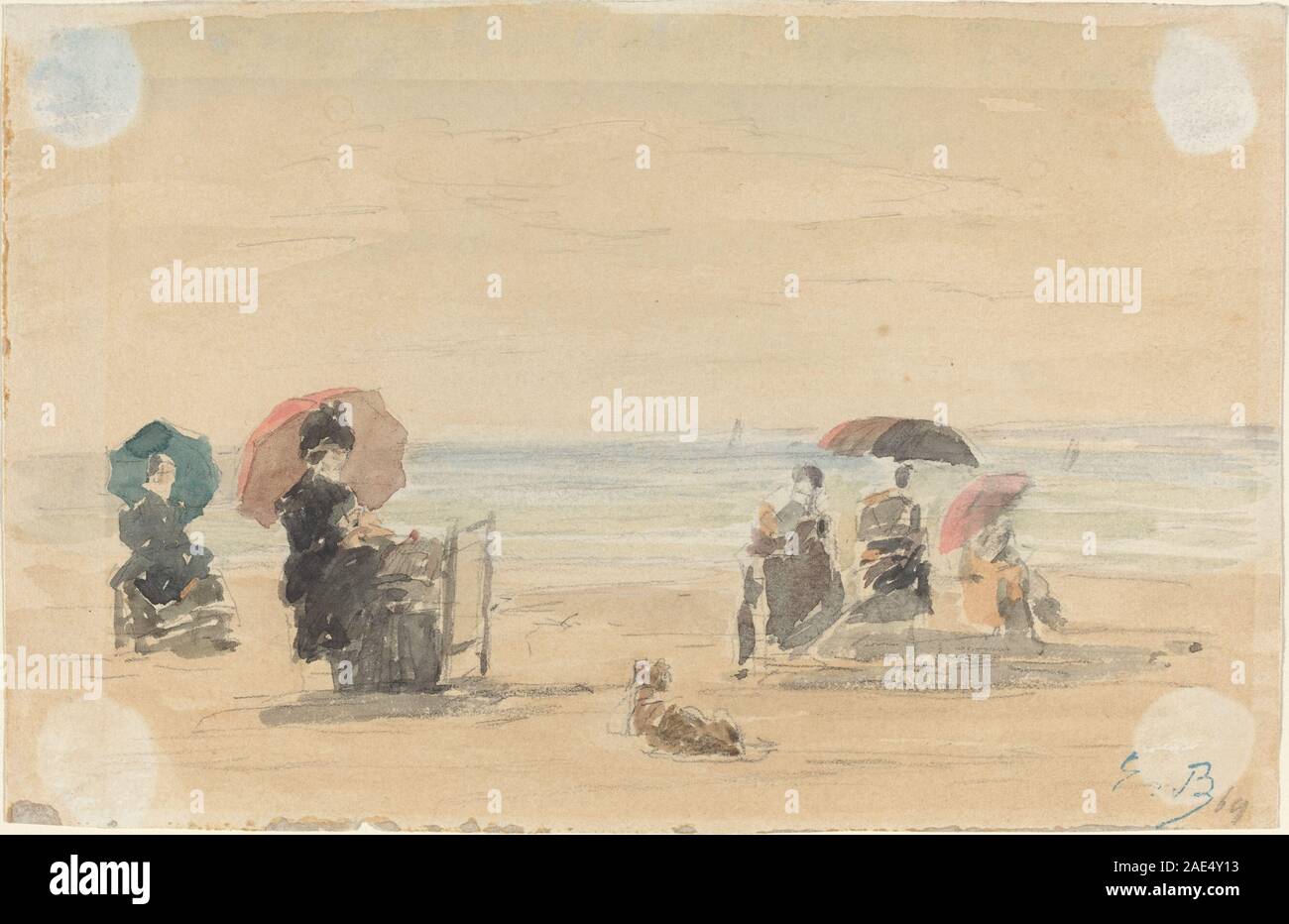 A painting by Eugène Boudin from 1869 depicting sun-shades on the beach ...