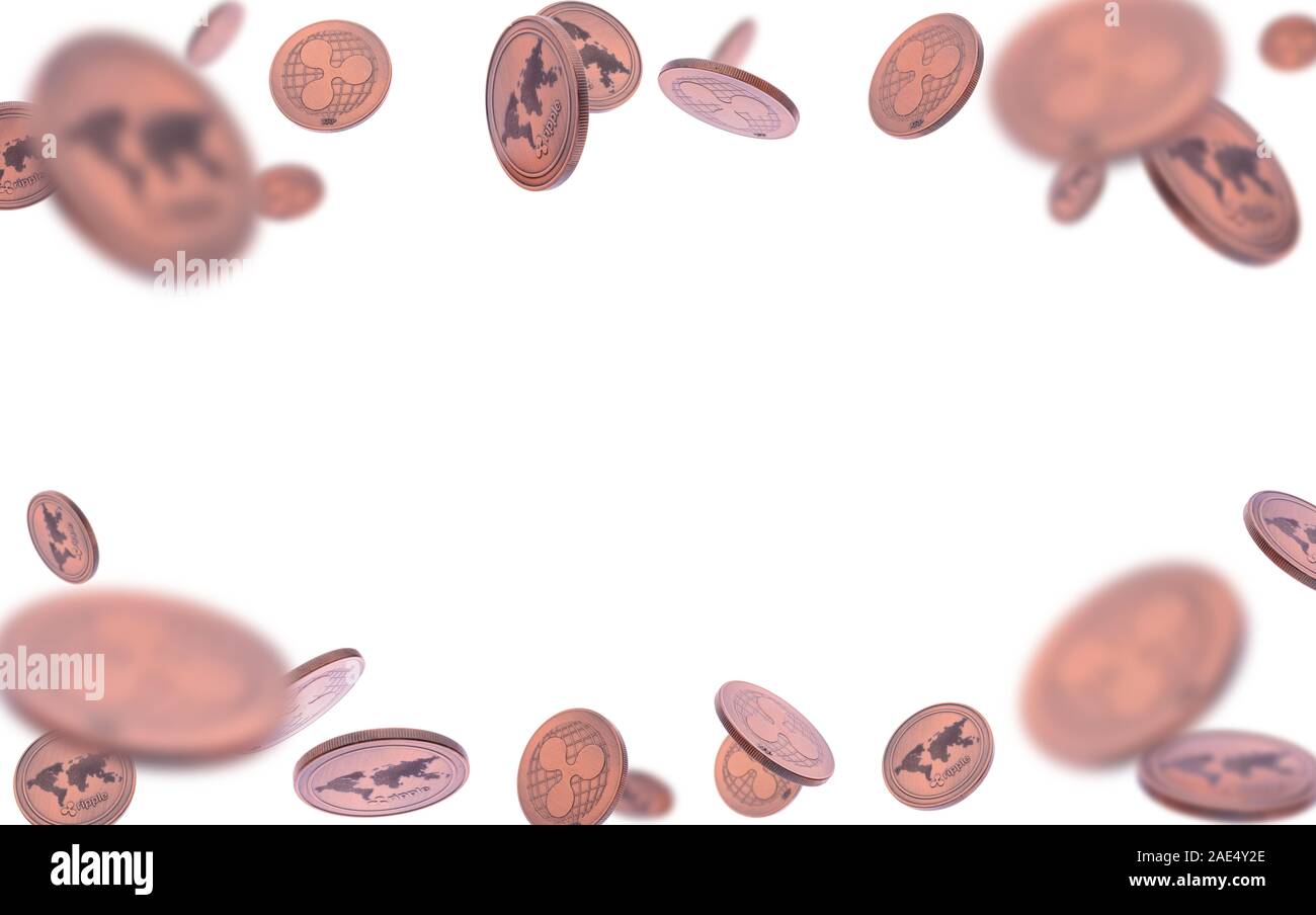 Gold cryptocoin ripple explosion. Isolated on white background. Raining ...