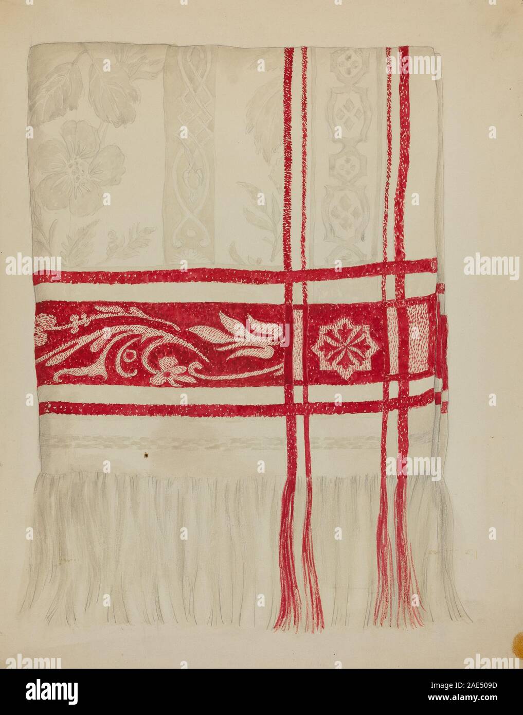 A linen towel created around 1936 by Eva Wilson, featuring woven fabric ...