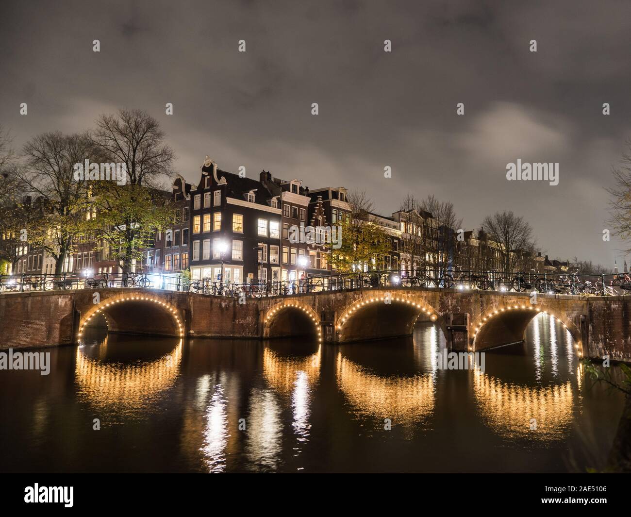 Beautiful city lights of the bridges in Amsterdam, Netherlands Stock ...