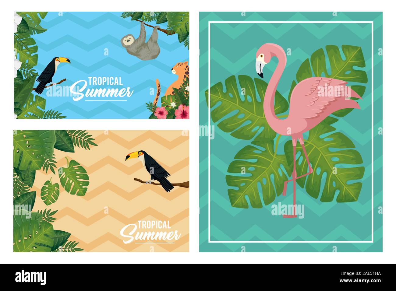 set scenes of tropical summer poster with animals exotics Stock Vector ...