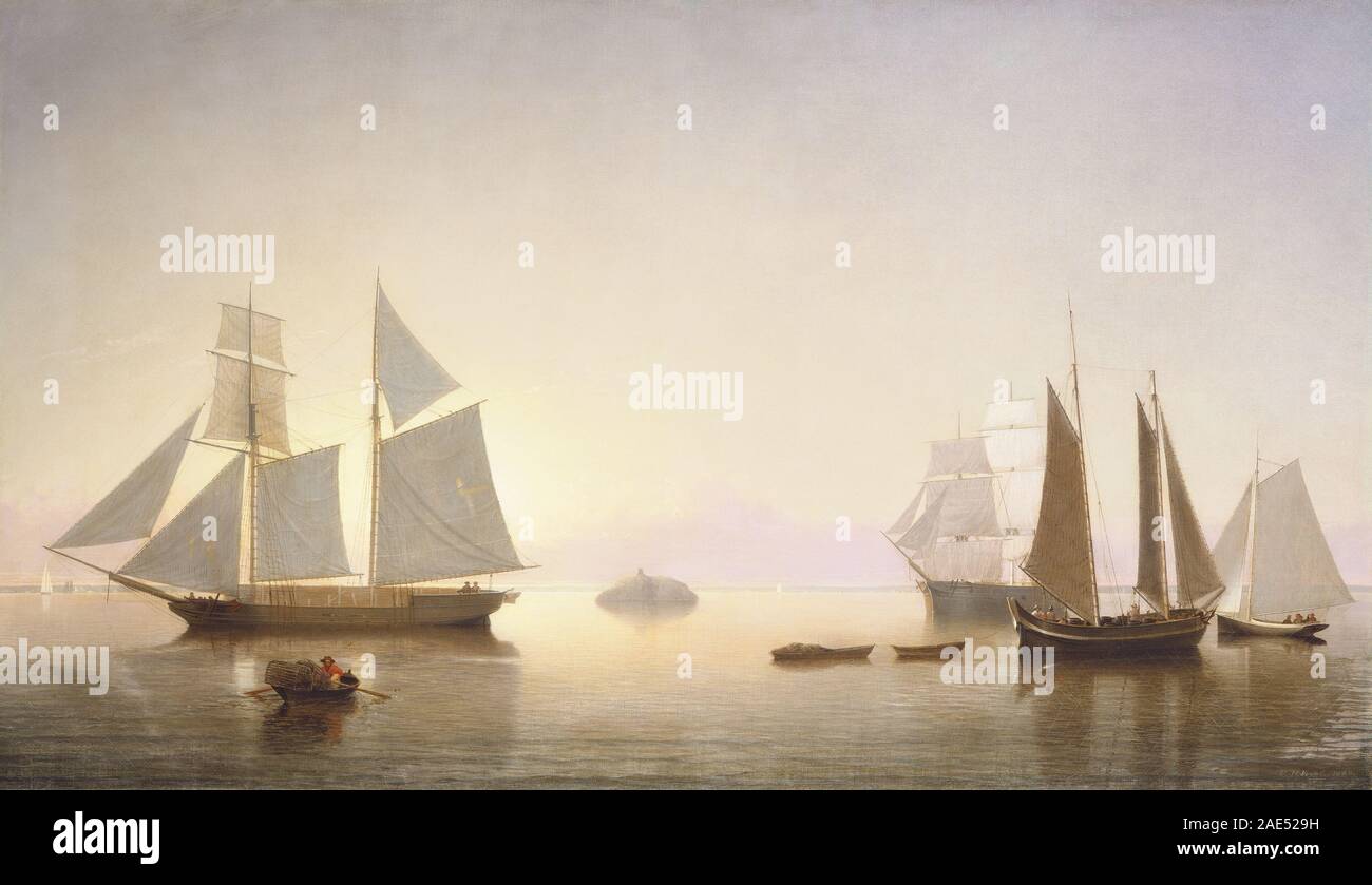 A painting by Fitz Henry Lane from 1860 depicting a ship becalmed near ...