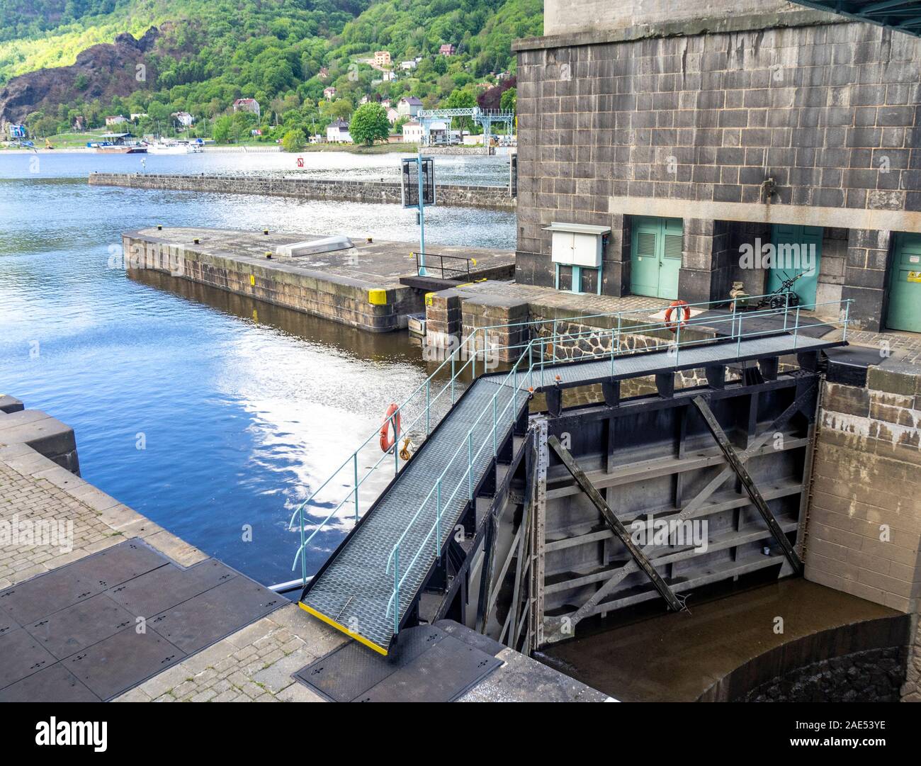 Střekov floodgate and lock on the Elbe River or Labe River Ústí nad ...