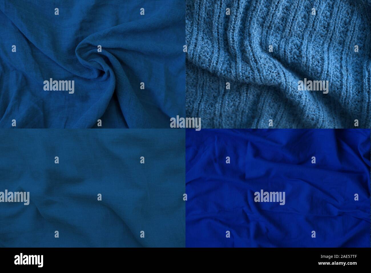 Crumpled blue fabric texture close up. Trendy tone of 2020 blue color ...