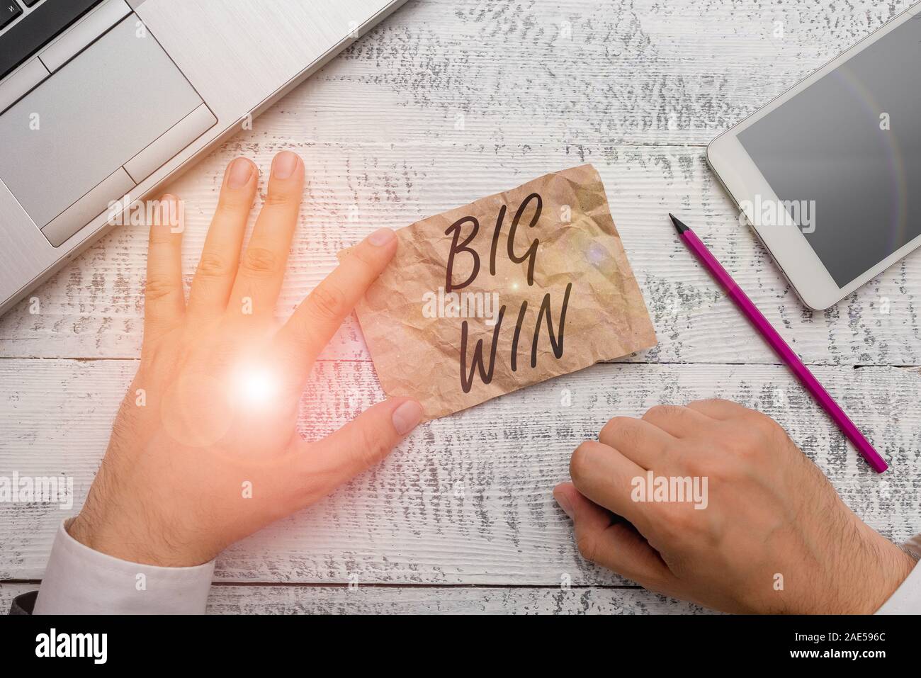 Writing note showing Big Win. Business concept for having won an ...