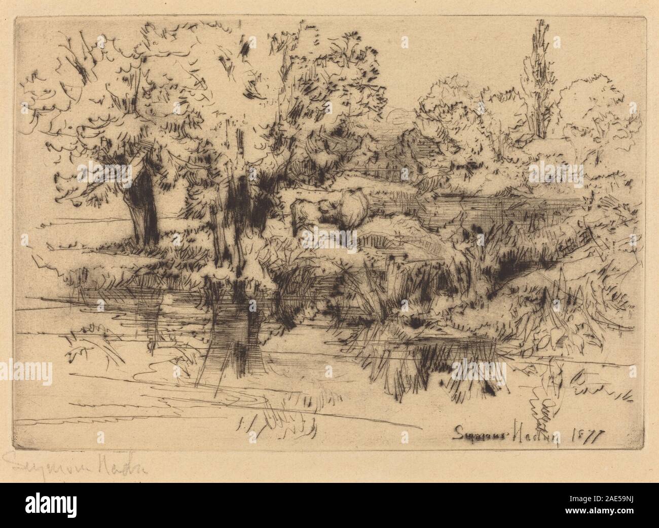 Etching by Francis Seymour Haden from 1877 depicting three cows in a ...