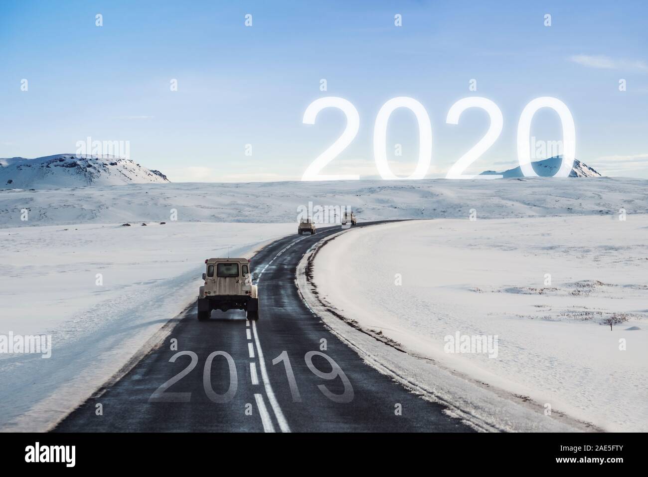 New year and new achievements concept. Group of car driving on the road ...