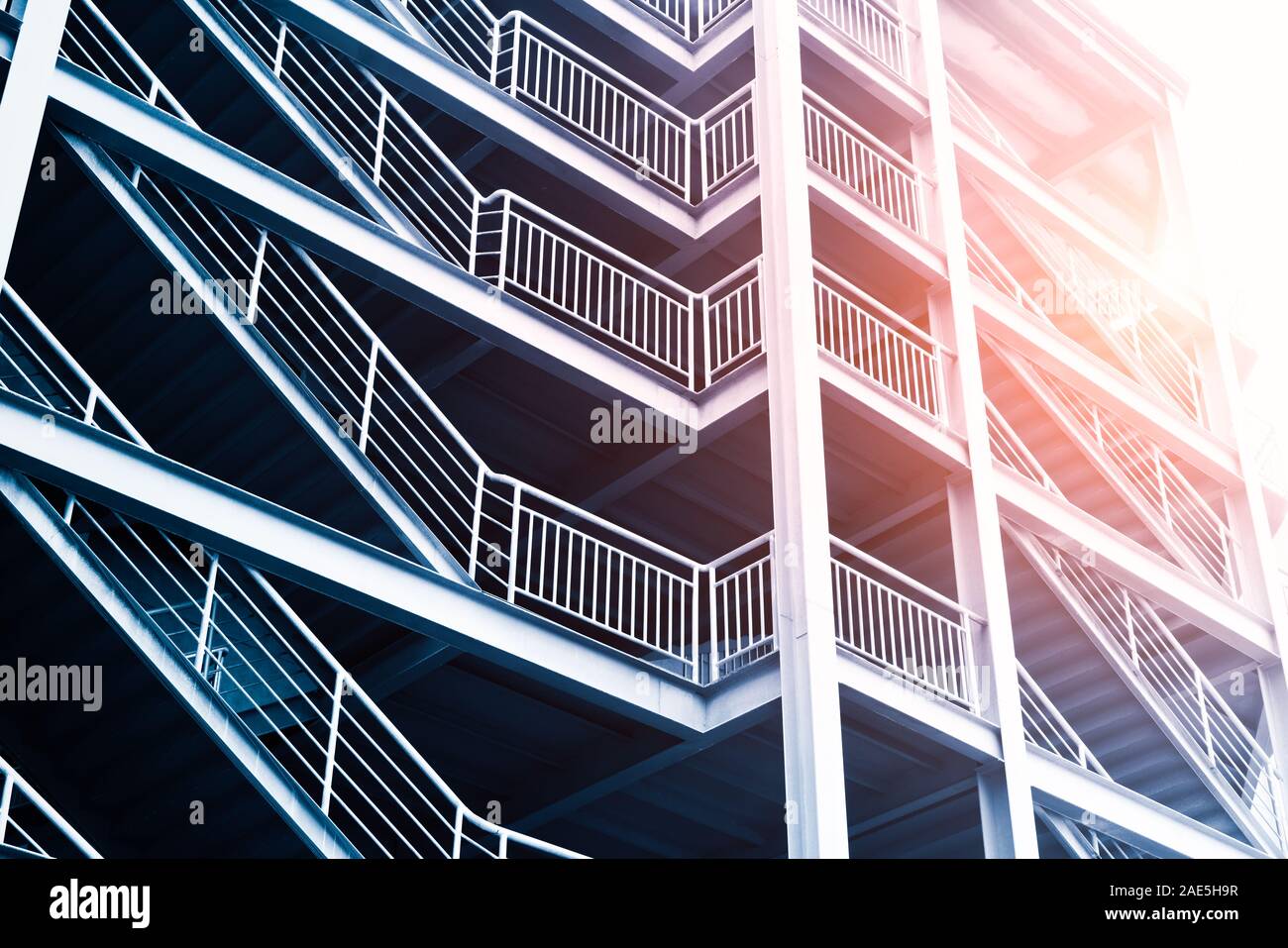 Modern interior abstract fragment with steel railings and stairs made ...