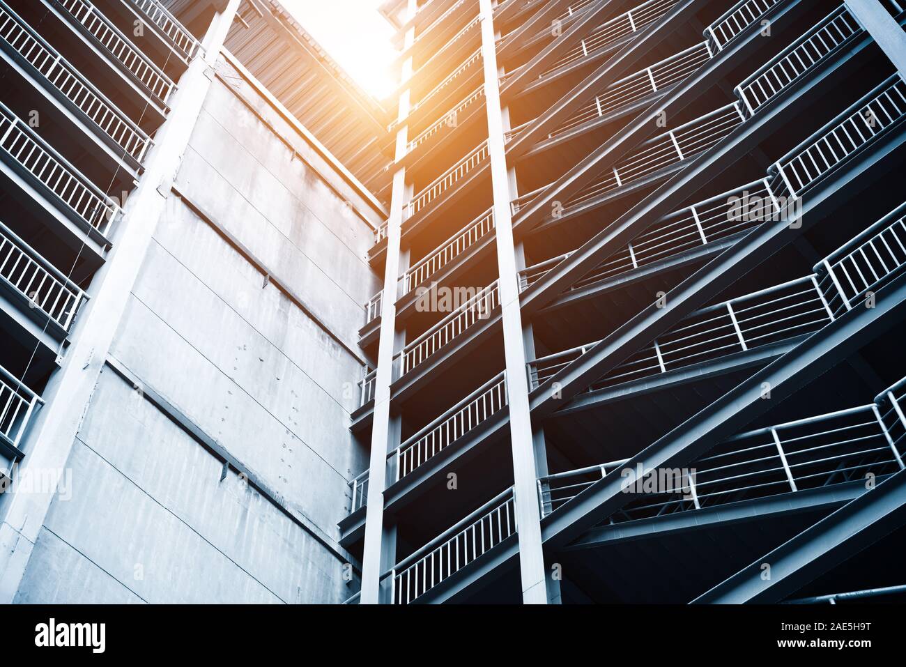 Modern interior abstract fragment with steel railings and stairs made ...