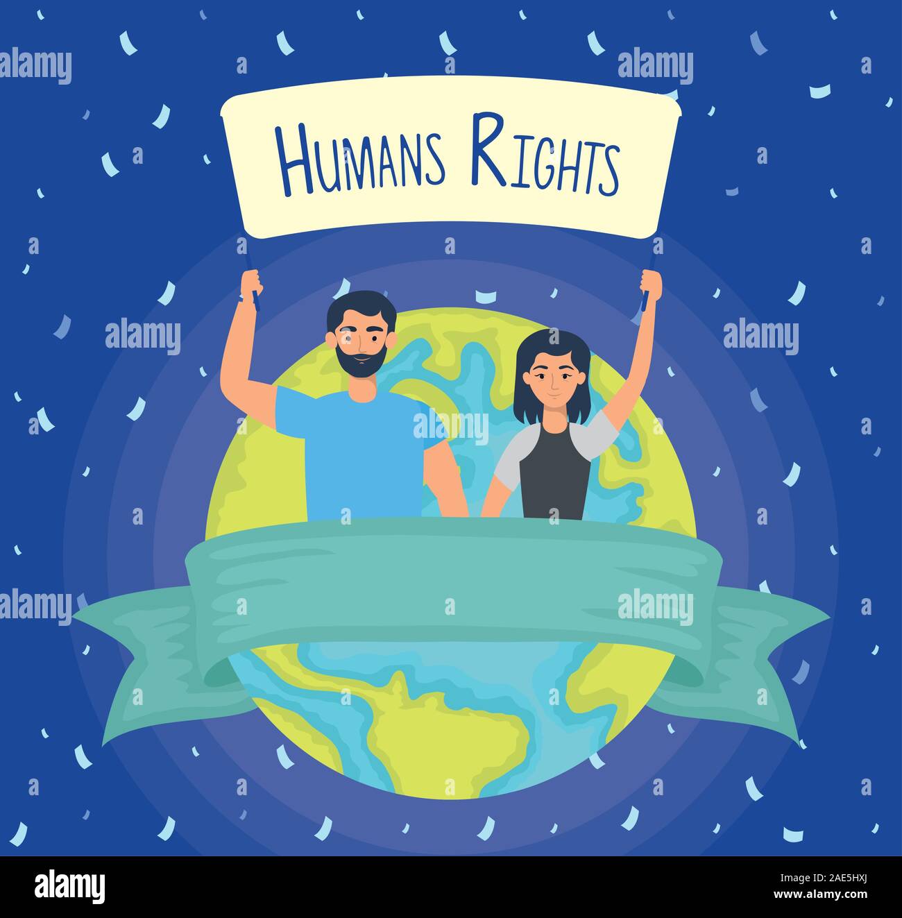 young lovers couple with human rights label and earth planet Stock ...