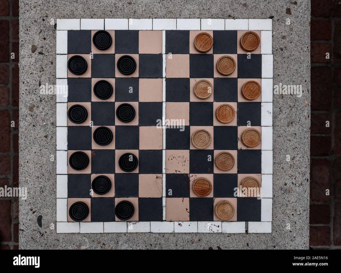 Top View of Checkerboard Square on outdoor park table Stock Photo - Alamy