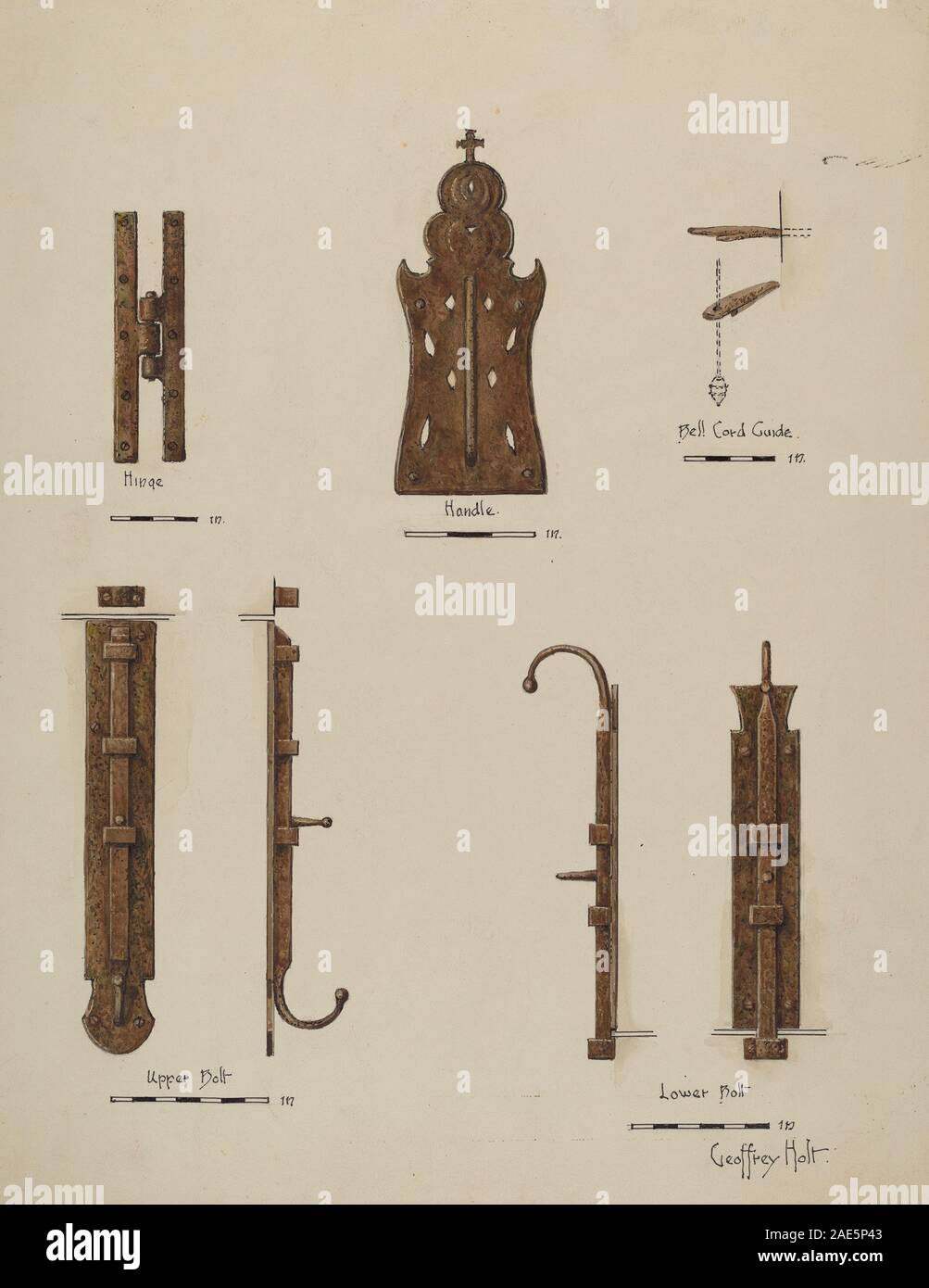 Study of door hardware by Geoffrey Holt circa 1940, showing handles ...