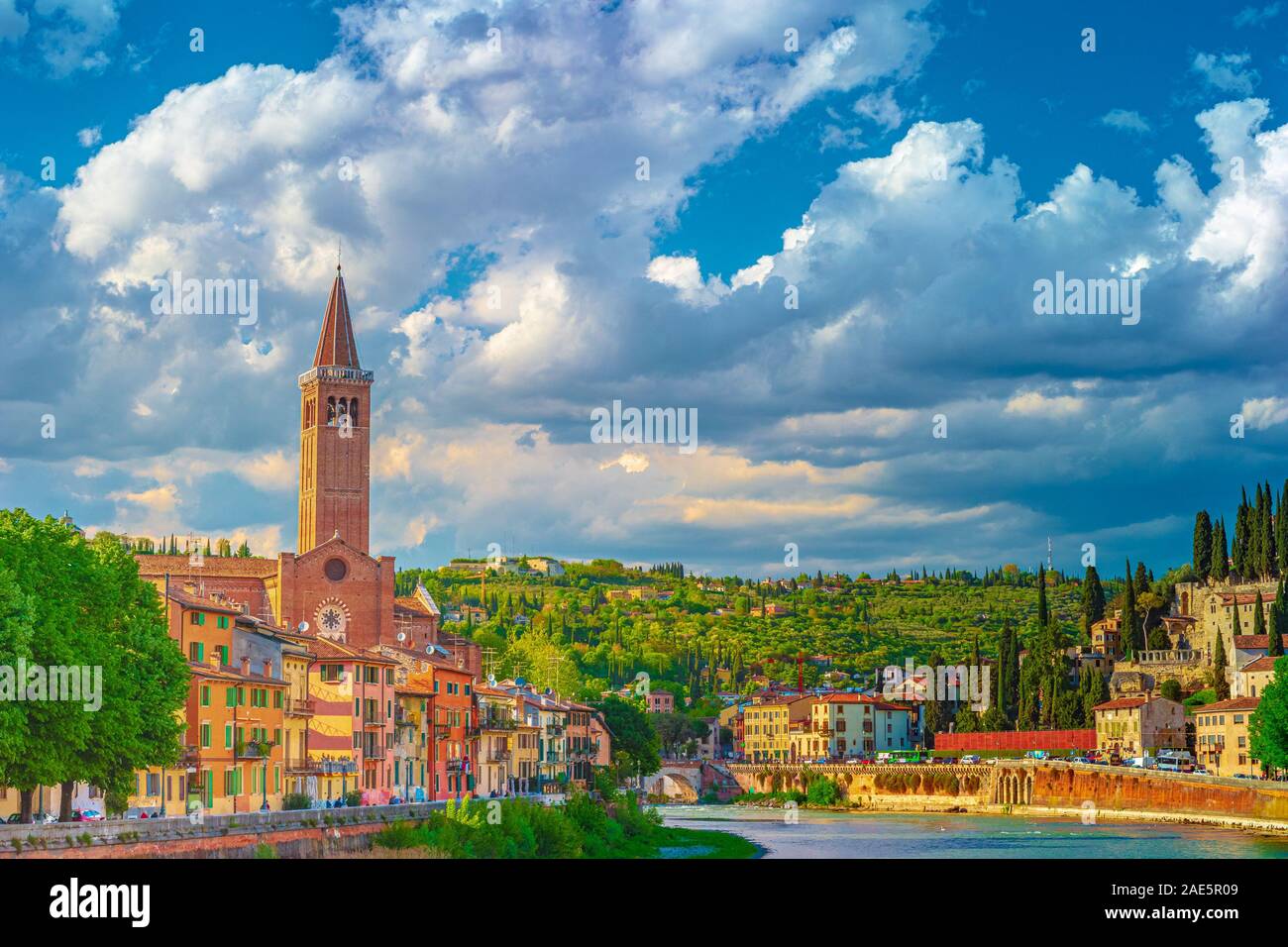 Verona, Italy. A scenic panoramic view of the river of Adige and its ...